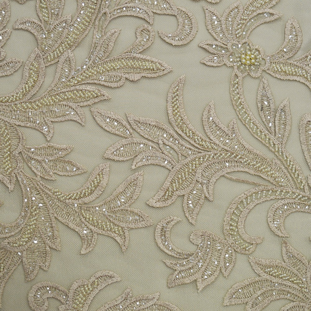 Tissu tulle brodé perlé champagne — Tissus en Ligne